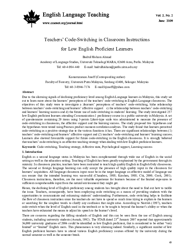(PDF) English Language Teaching Teachers' Code-Switching in Classroom Instructions for Low ...