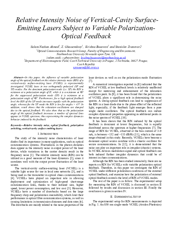 (PDF) Relative Intensity Noise of Vertical-Cavity Surface- Emitting Lasers Subject to Variable ...