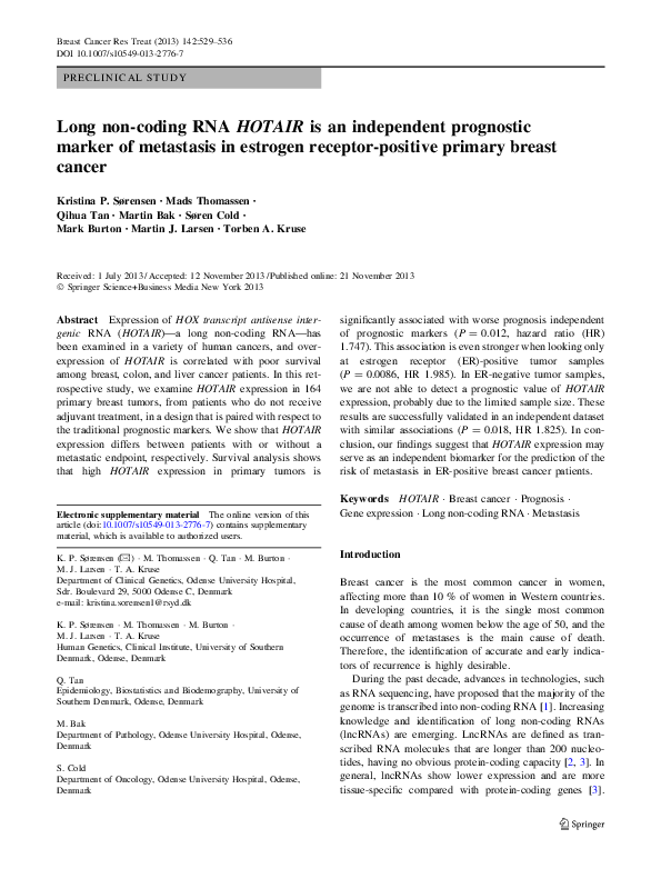 (PDF) Long non-coding RNA HOTAIR is an independent prognostic marker of metastasis in estrogen ...