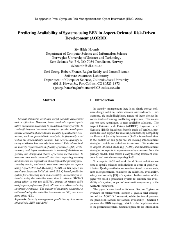 Pdf Predicting Availability Of Systems Using Bbn In Aspect Oriented