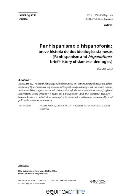 (PDF) Panhispanismo e hispanofonia: breve historia de ideologias siamesas