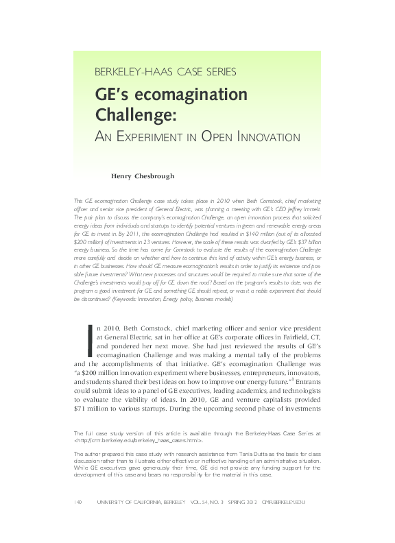 (PDF) BERKELEY-HAAS CASE SERIES GE's ecomagination Challenge: AN ...