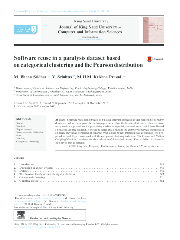 (PDF) Software reuse in a paralysis dataset based on categorical clustering and the Pearson ...