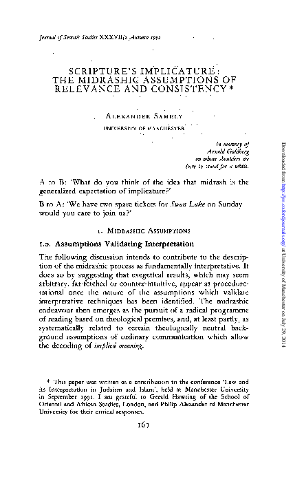 (PDF) Samely, Scripture's Implicature: The Midrashic Assumptions of ...