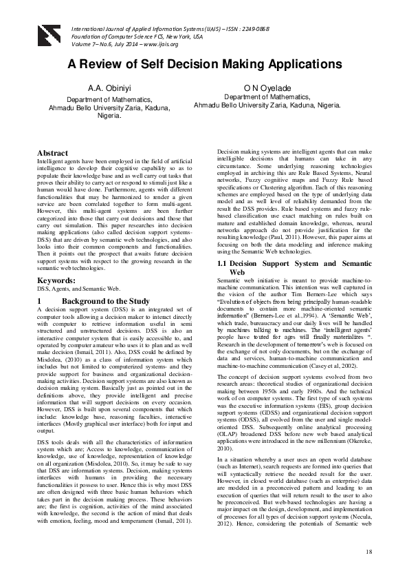 (PDF) A Review of Self Decision Making Applications
