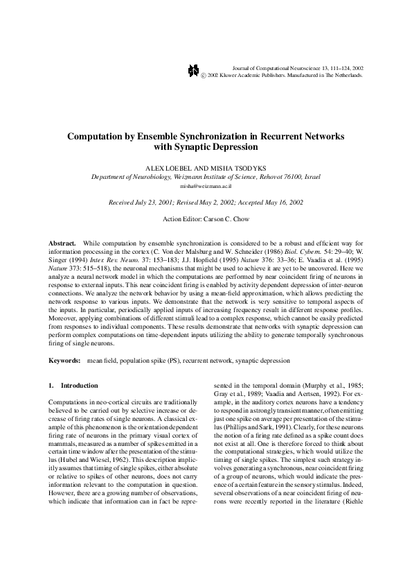 (PDF) Computation by Ensemble Synchronization in Recurrent Networks with Synaptic Depression