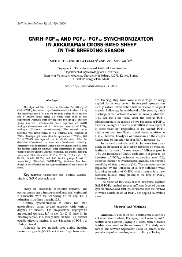 (PDF) GNRH-PGF 2α AND PGF 2α -PGF 2α SYNCHRONIZATION IN AKKARAMAN CROSS ...