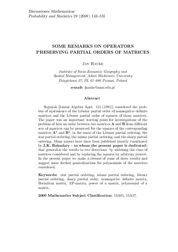 Pdf Some Remarks On Operators Preserving Partial Orders Of Matrices