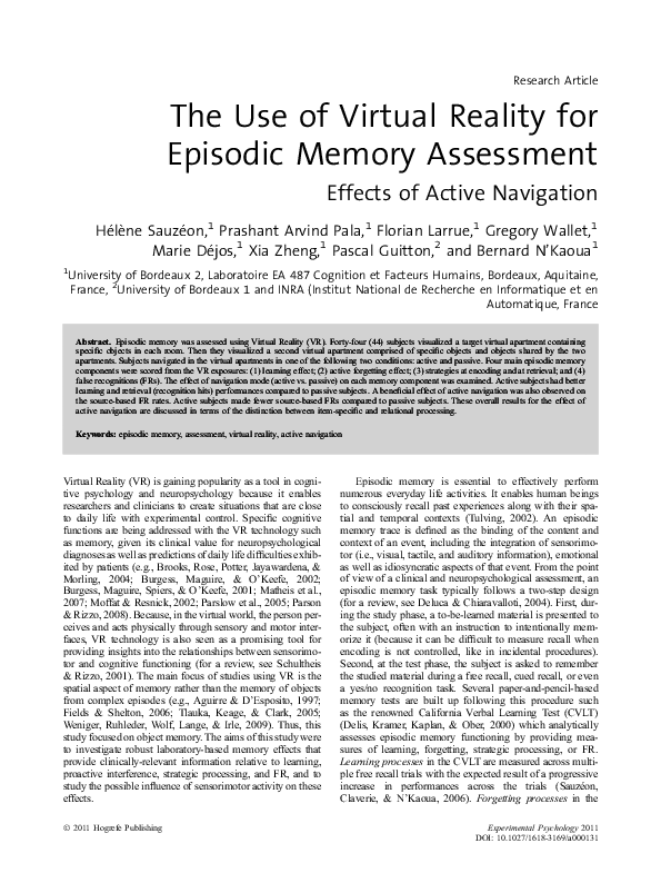 (PDF) The Use of Virtual Reality for Episodic Memory Assessment ...