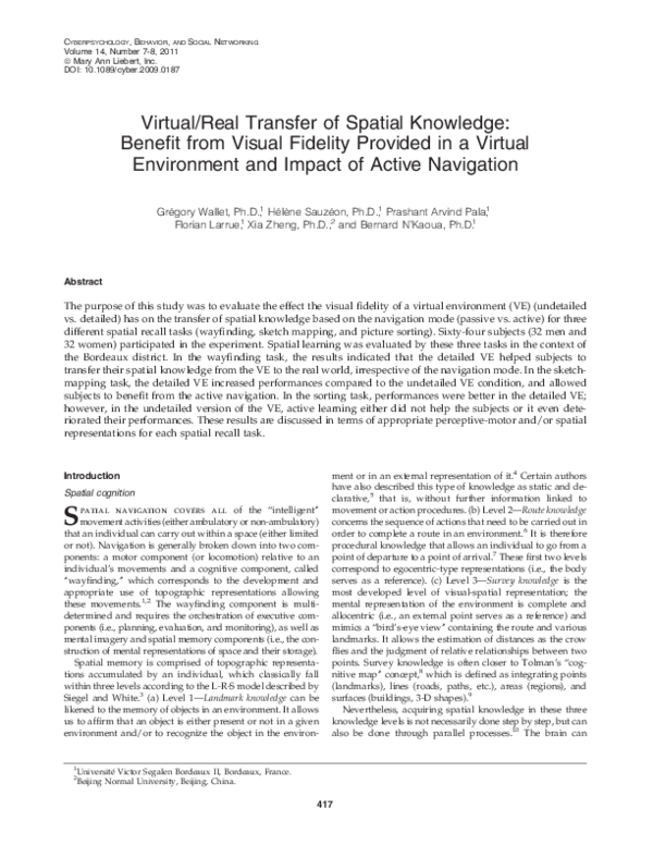 (PDF) Virtual/Real Transfer of Spatial Knowledge: Benefit from Visual Fidelity Provided in a ...