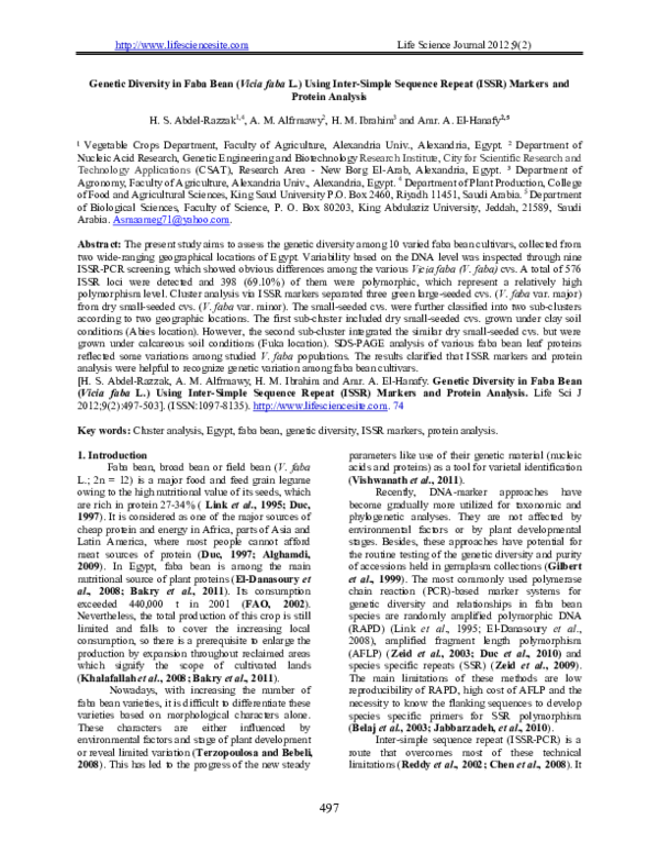 Pdf Genetic Diversity In Faba Bean Vicia Faba L Using Inter Simple Sequence Repeat Issr