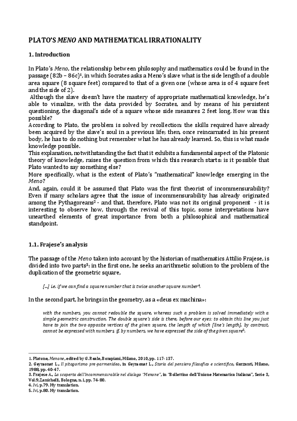 (PDF) Plato's Meno and mathematical irrationality