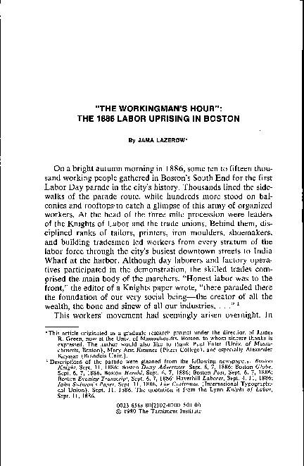 (PDF) "'The Workingman's Hour': The 1886 Labor Uprising in Boston"