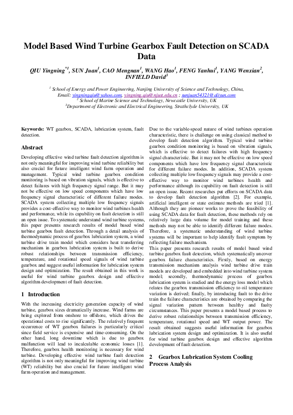Pdf Model Based Wind Turbine Gearbox Fault Detection On Scada Data