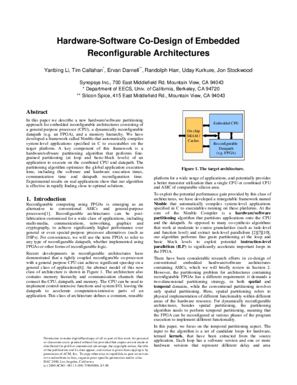 Pdf Hardware Software Co Design Of Embedded Reconfigurable Architectures Uday Uday 