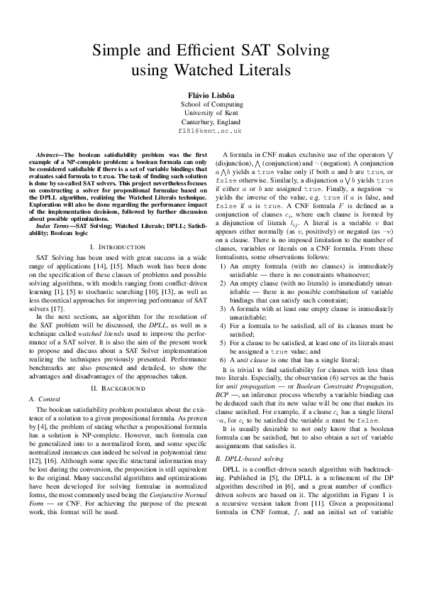 (PDF) Simple and Efficient SAT Solving using Watched Literals