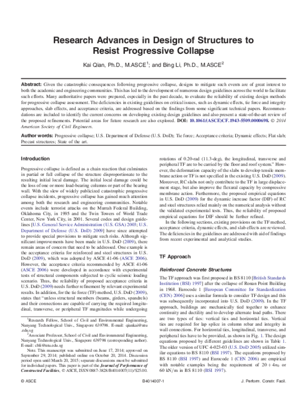 (PDF) Research Advances in Design of Structures to Resist Progressive ...