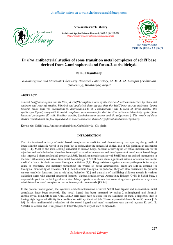 (PDF) In vitro antibacterial studies of some transition metal complexes of schiff base derived ...