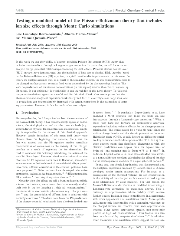 Pdf Testing A Modified Model Of The Poisson Boltzmann Theory That Includes Ion Size Effects