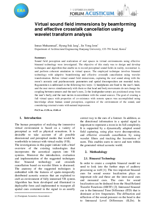 Pdf Virtual Sound Field Immersions By Beamforming And Effective Crosstalk Cancellation Using