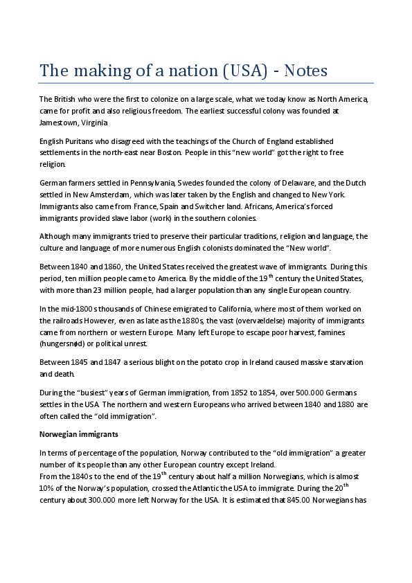 (DOC) The making of a nation (USA) -Notes
