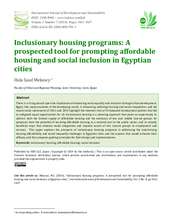 (PDF) Inclusionary housing programs- A prospected tool for prompting ...