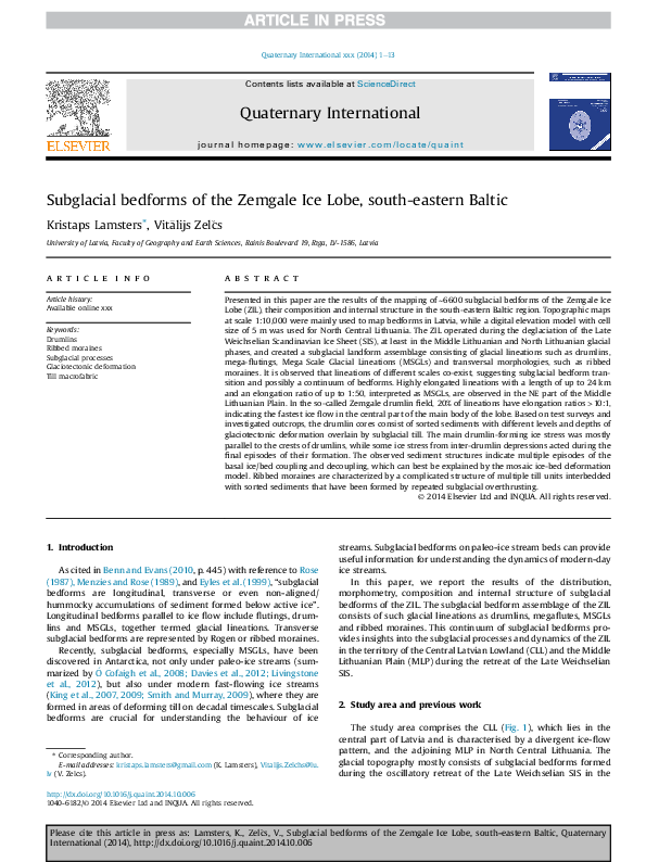 (PDF) Subglacial bedforms of the Zemgale Ice Lobe, south-eastern Baltic
