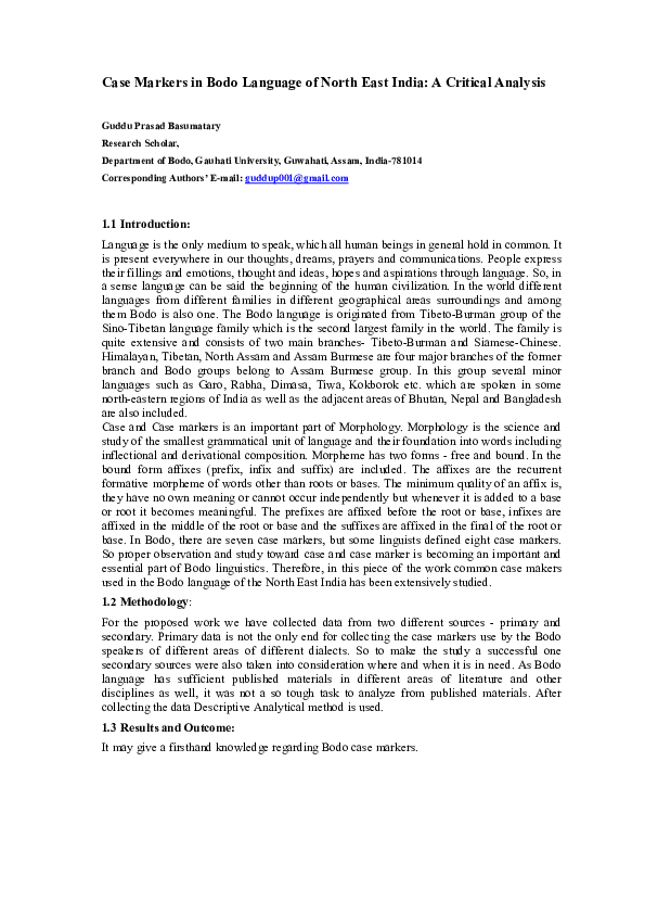 Case Markers in Bodo Language of North-East India