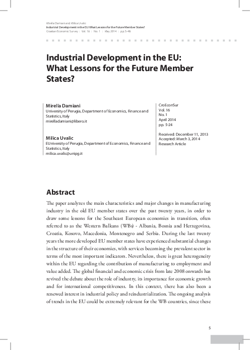 (PDF) Industrial Development in the EU: What Lessons for the Future ...