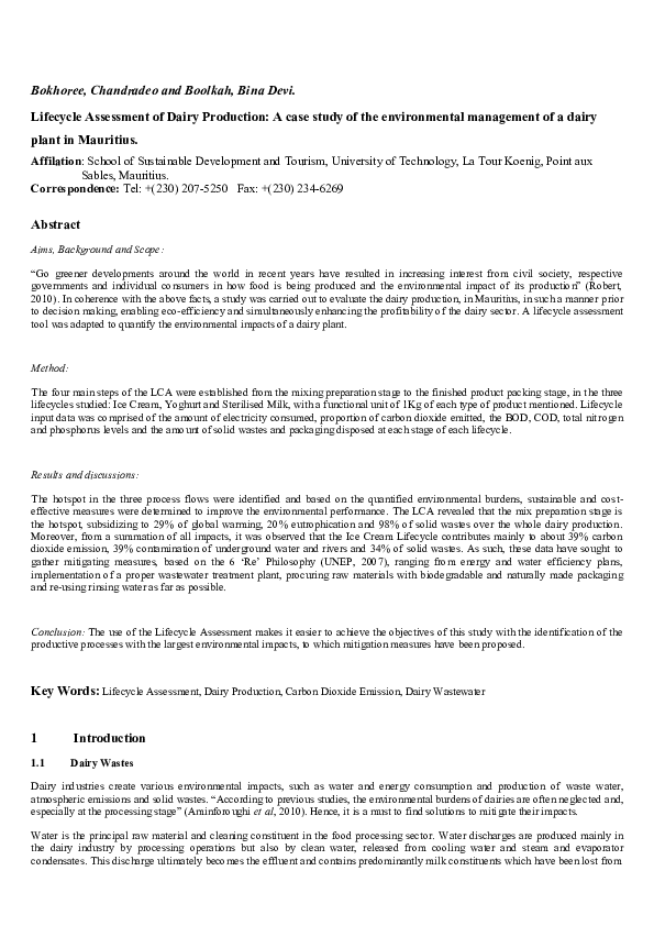 (PDF) Lifecycle Assessment of Dairy Production: A case study of the ...