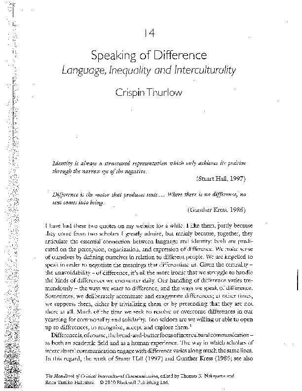 (PDF) Speaking of difference: Language, inequality and interculturality