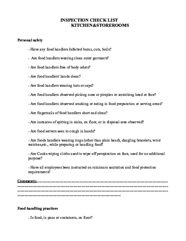 INSPECTION CHECK LIST KITCHEN&STOREROOMS Food handling practices -Is ...