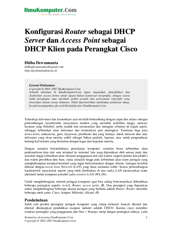 (PDF) Konfigurasi Router sebagai DHCP Server dan Access Point sebagai