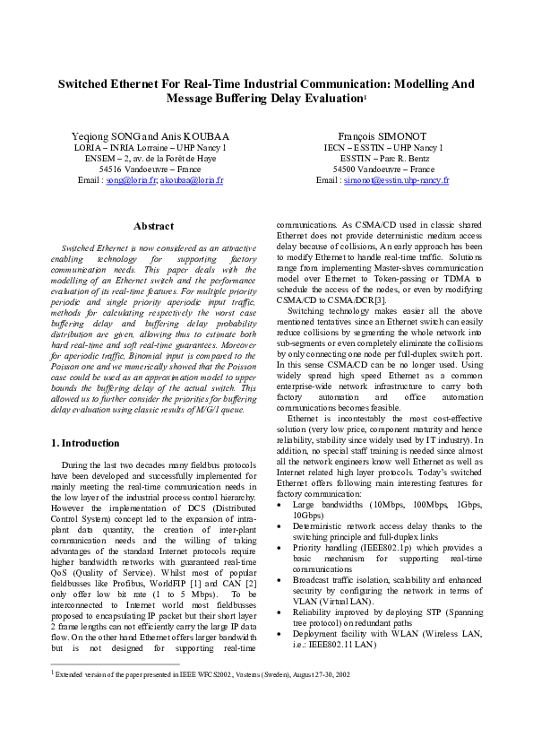 Pdf Switched Ethernet For Real Time Industrial Communication Modelling And Message Buffering