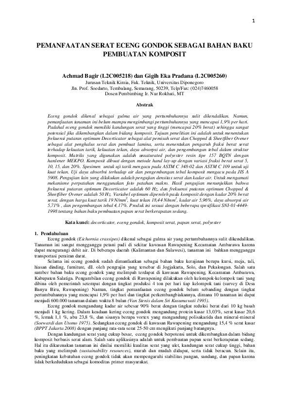 (PDF) PEMANFAATAN SERAT ECENG GONDOK SEBAGAI BAHAN BAKU PEMBUATAN KOMPOSIT Achmad Bagir ...
