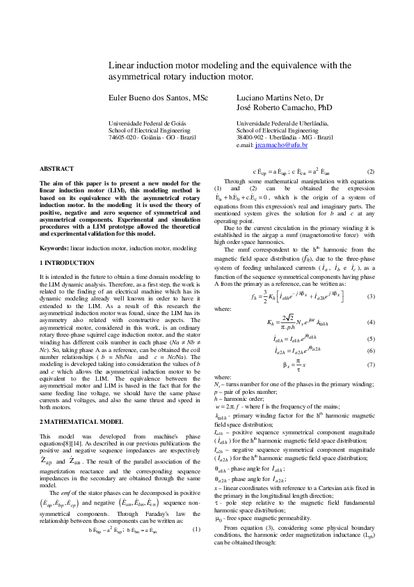 Pdf Linear Induction Motor Modeling And The Equivalence With The Asymmetrical Rotary Induction
