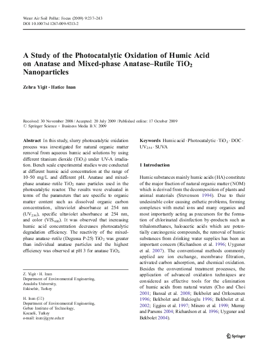(PDF) A Study of the Photocatalytic Oxidation of Humic Acid on Anatase ...