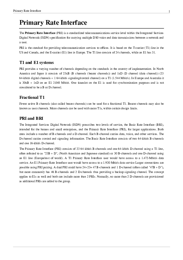 Primary Rate Interface 1 Primary Rate Interface