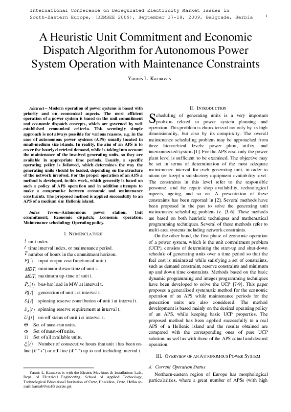 Pdf A Heuristic Unit Commitment And Economic Dispatch Algorithm For Autonomous Power System