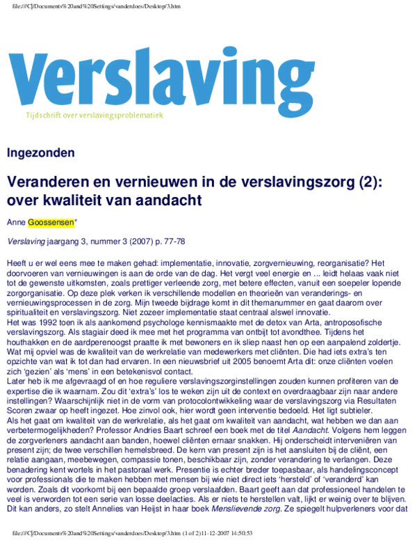 (PDF) Veranderen en vernieuwen in de verslavingszorg (2): over ...