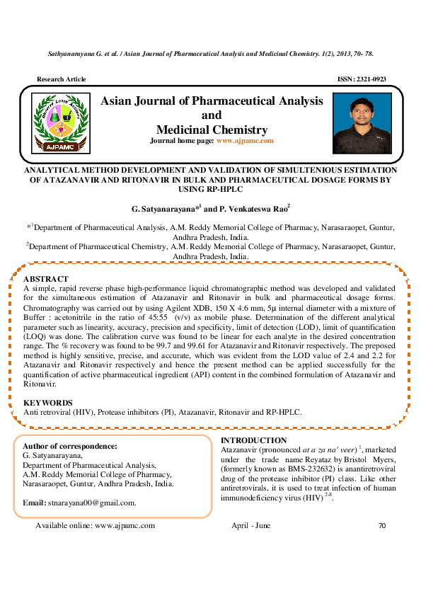 Pdf Analytical Method Development And Validation Of Simultenious Estimation Of Atazanavir And