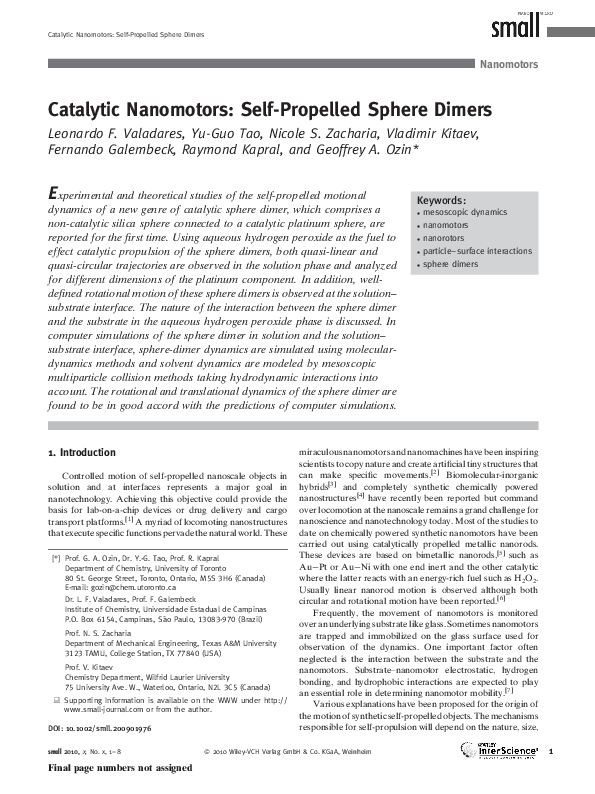 (PDF) Catalytic Nanomotors: Self‐Propelled Sphere Dimers
