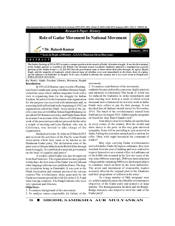(PDF) Role of Gadar Movement In National Movement