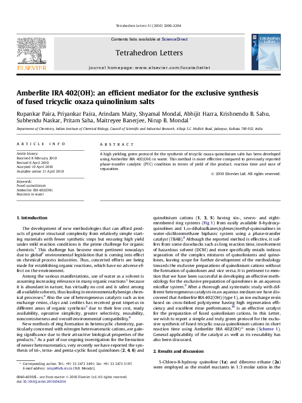 (PDF) Amberlite IRA 402(OH): an efficient mediator for the exclusive synthesis of fused ...