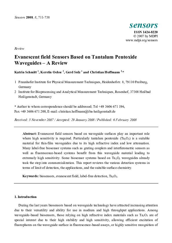 (PDF) Evanescent field Sensors Based on Tantalum Pentoxide Waveguides – A Review
