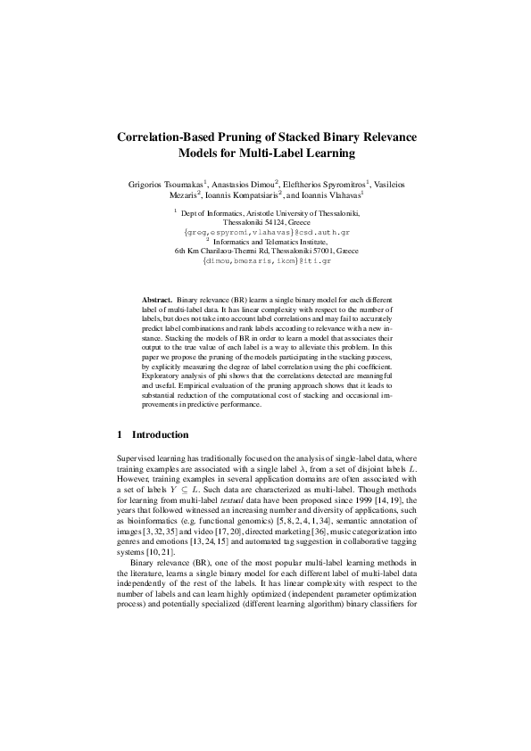(PDF) Correlation-Based Pruning of Stacked Binary Relevance Models for Multi-Label Learning