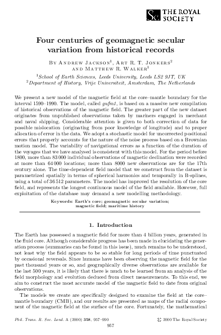 Pdf Four Centuries Of Geomagnetic Secular Variation From Historical Records