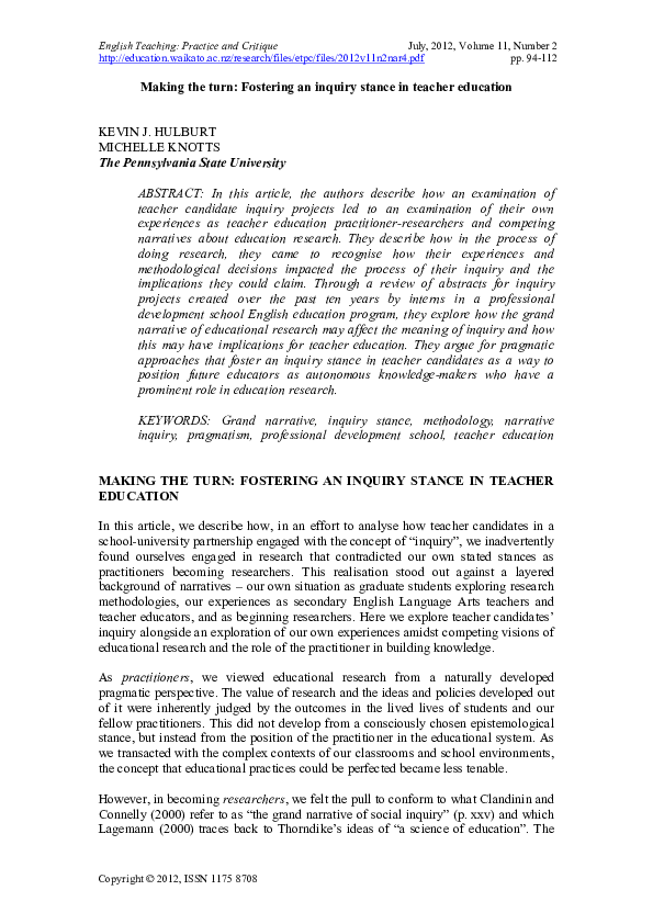 (PDF) Making the turn: Fostering an inquiry stance in teacher education