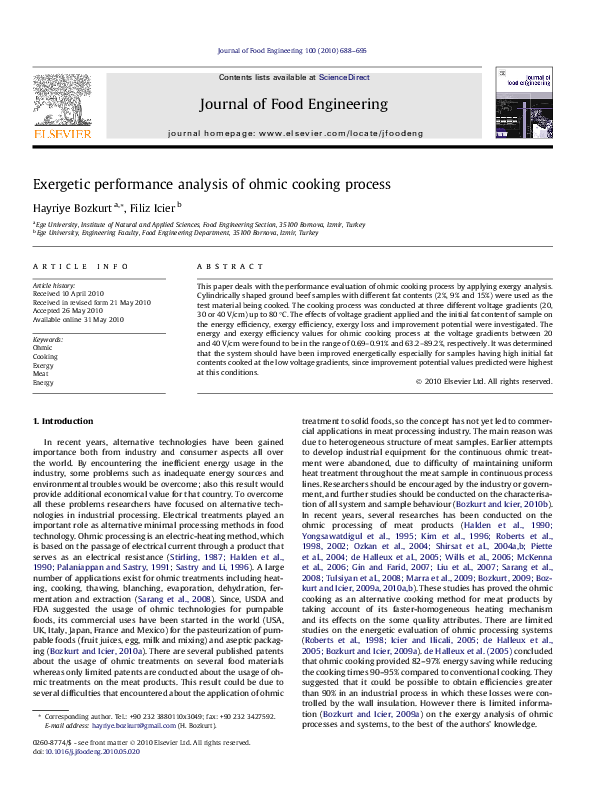 (PDF) Exergetic performance analysis of ohmic cooking process