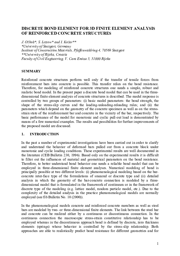 Pdf Discrete Bond Element For 3d Finite Element Analysis Of Reinforced Concrete Structures